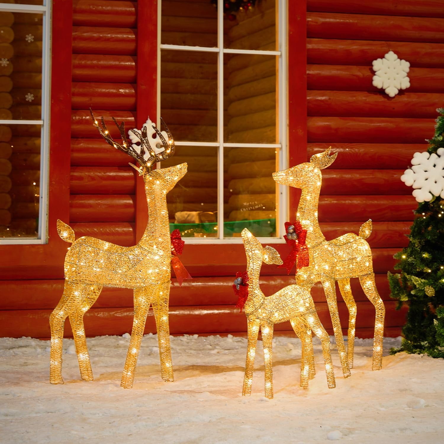 Buballino 3-Piece Large Lighted Christmas Deer Family Set with Bell Bow ...