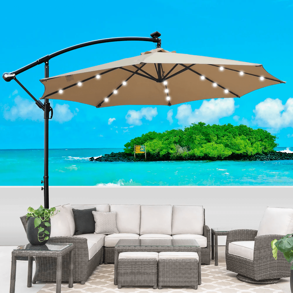 FunniHomi 10 ft Solar LED Lighted Patio Umbrella, Offset Cantilever ...