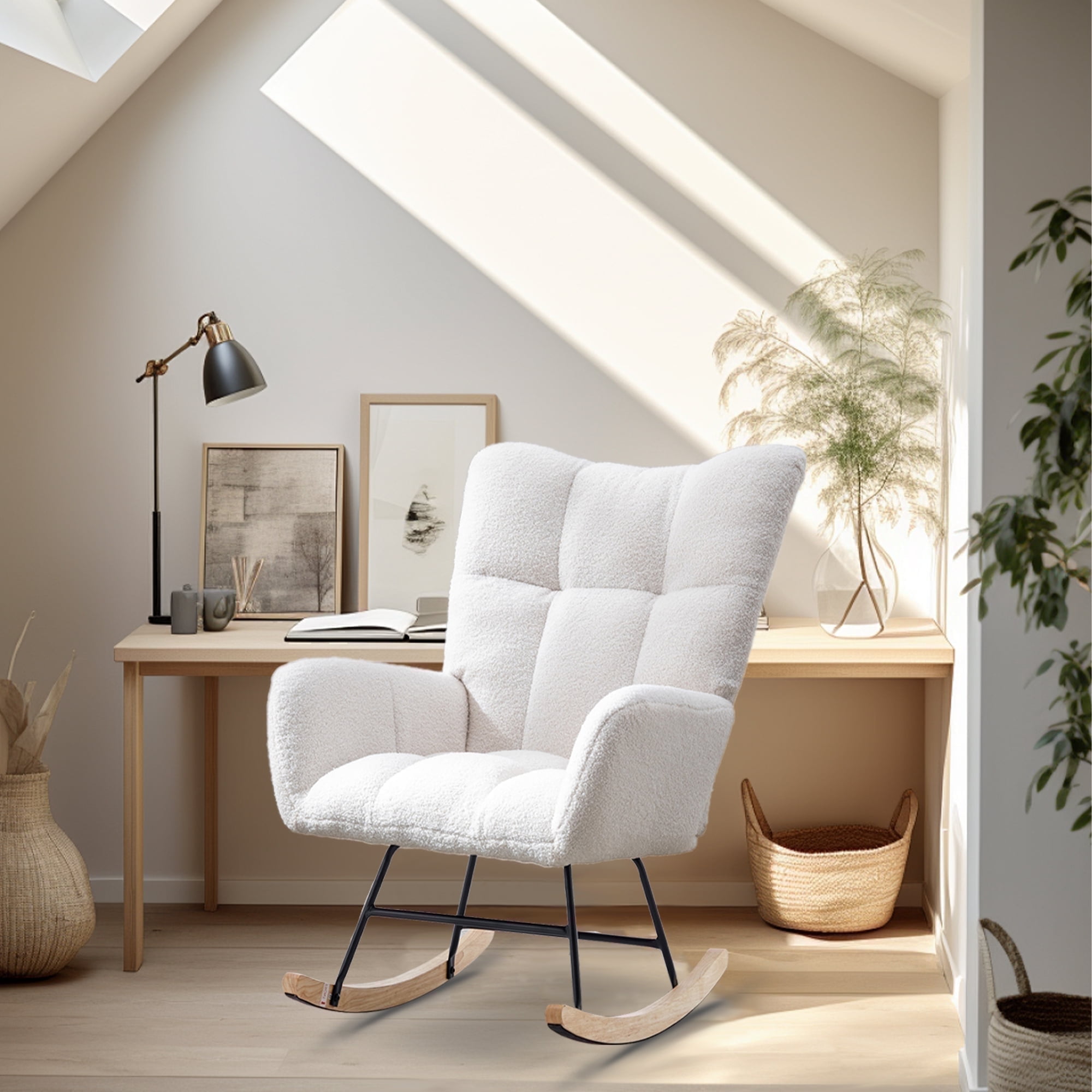 FunniHomi Teddy Fabric Rocking Chair, Upholstered Glider Rocker with ...