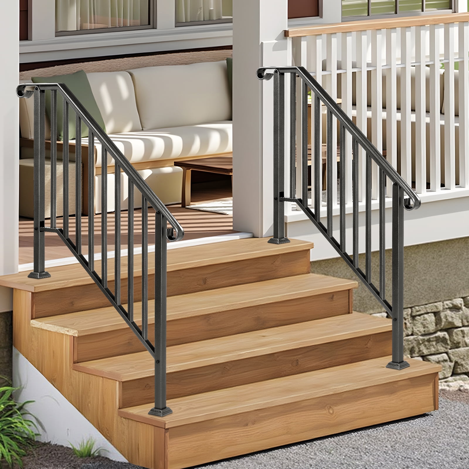 Funnil 4-Step Handrail for Outdoor Stairs, Heavy Duty Metal Handrail ...