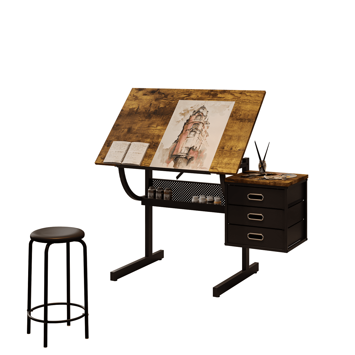 Funnil Adjustable Drafting Table with Stool and 3 Drawers for Home ...