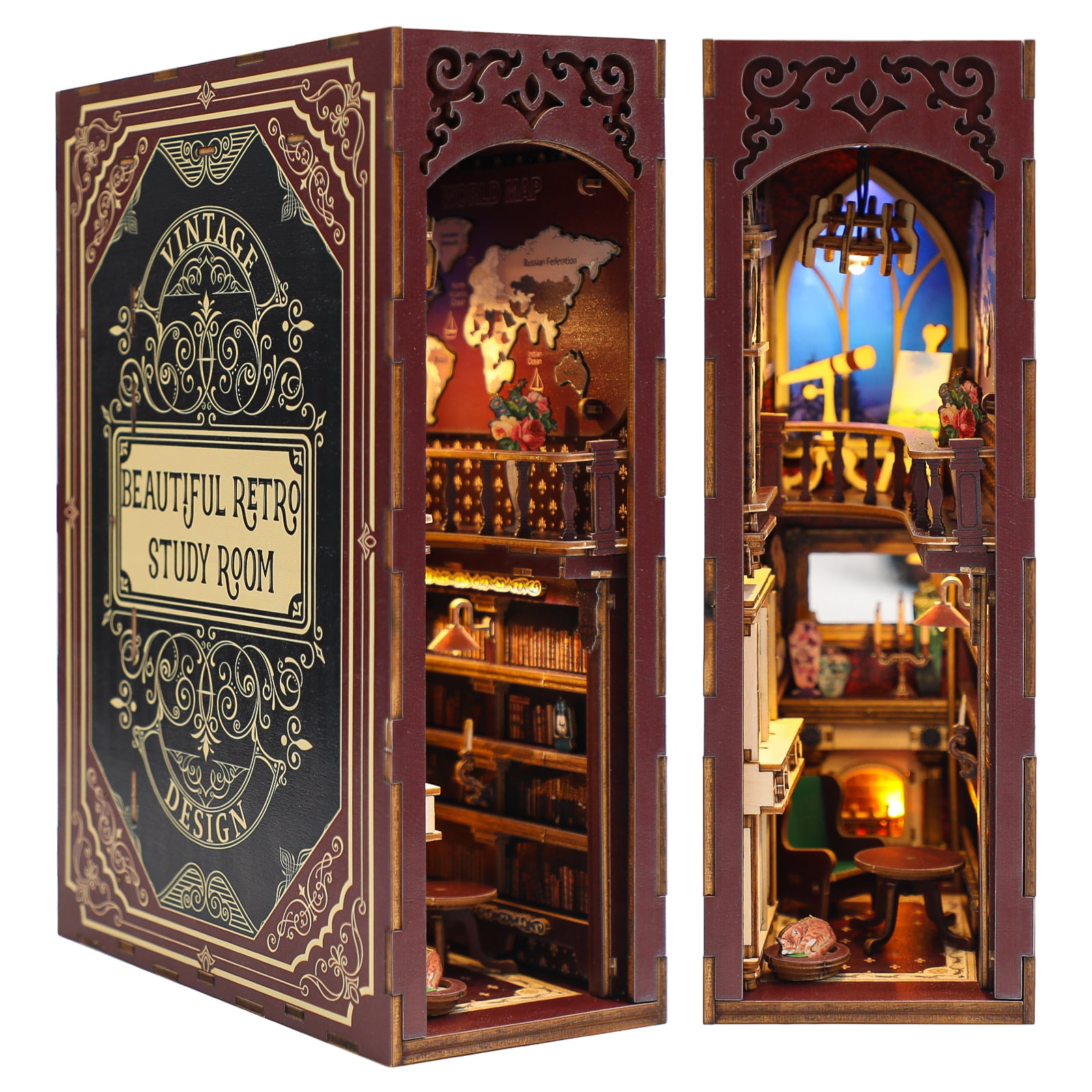 Funnil Book Nook DIY Kit Wooden Miniature House Kit Bookshelf with LED Light 9.7*7.4*3.2inch ...