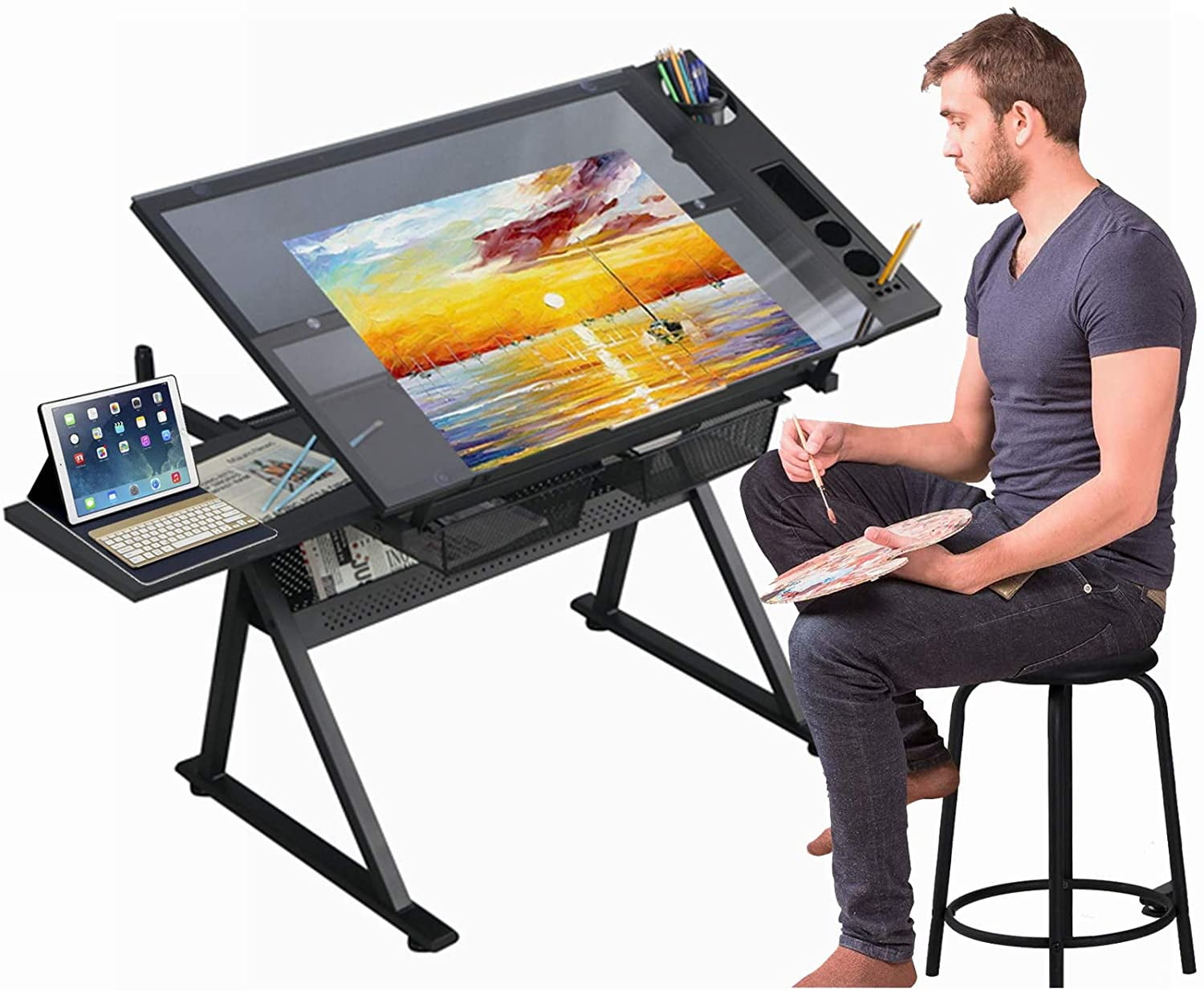 Funnil Glass Drafting Table Adjustable Craft Art Desks Drawing Table ...