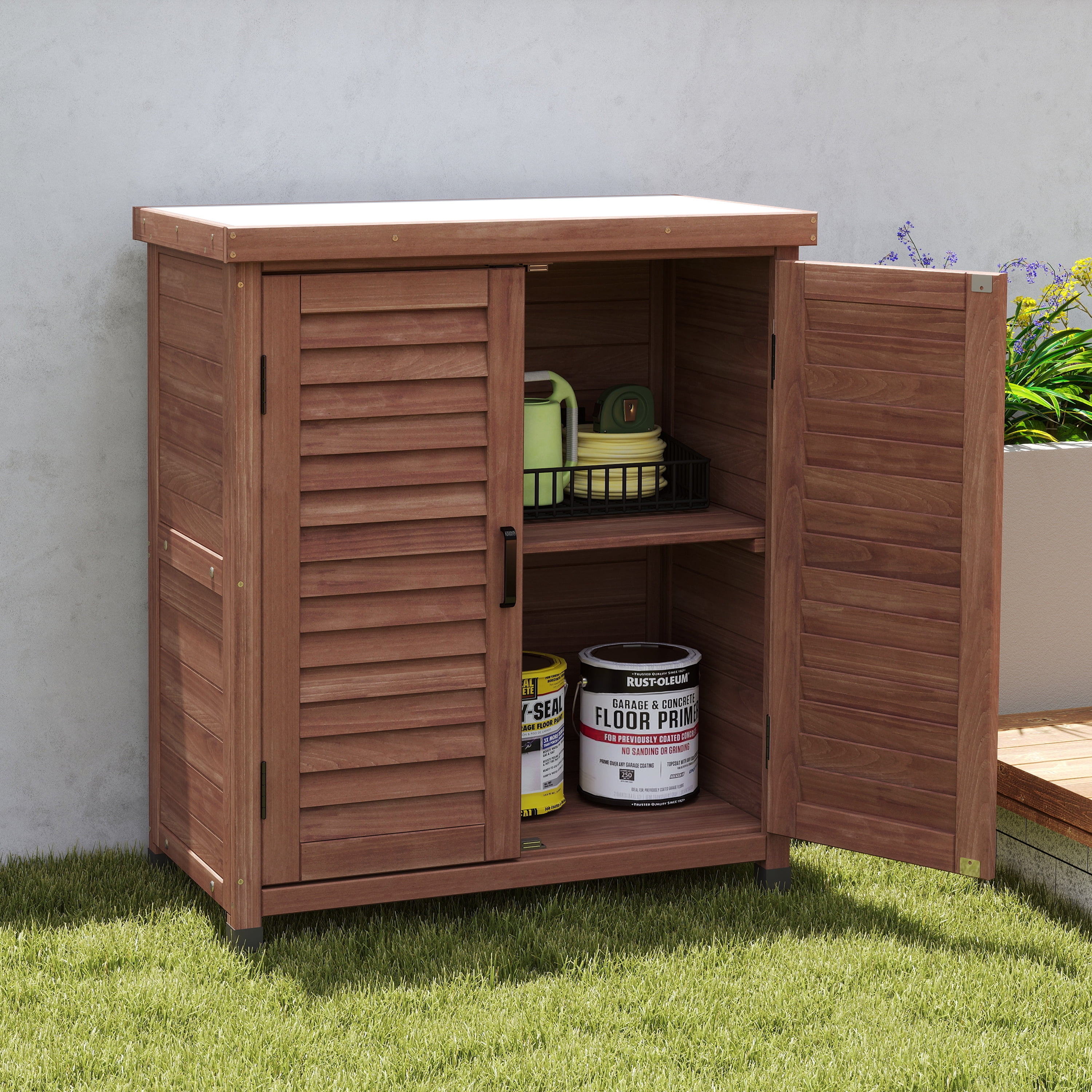 Funnil Outdoor Wooden Storage Cabinet & Potting Bench Table, Weather ...