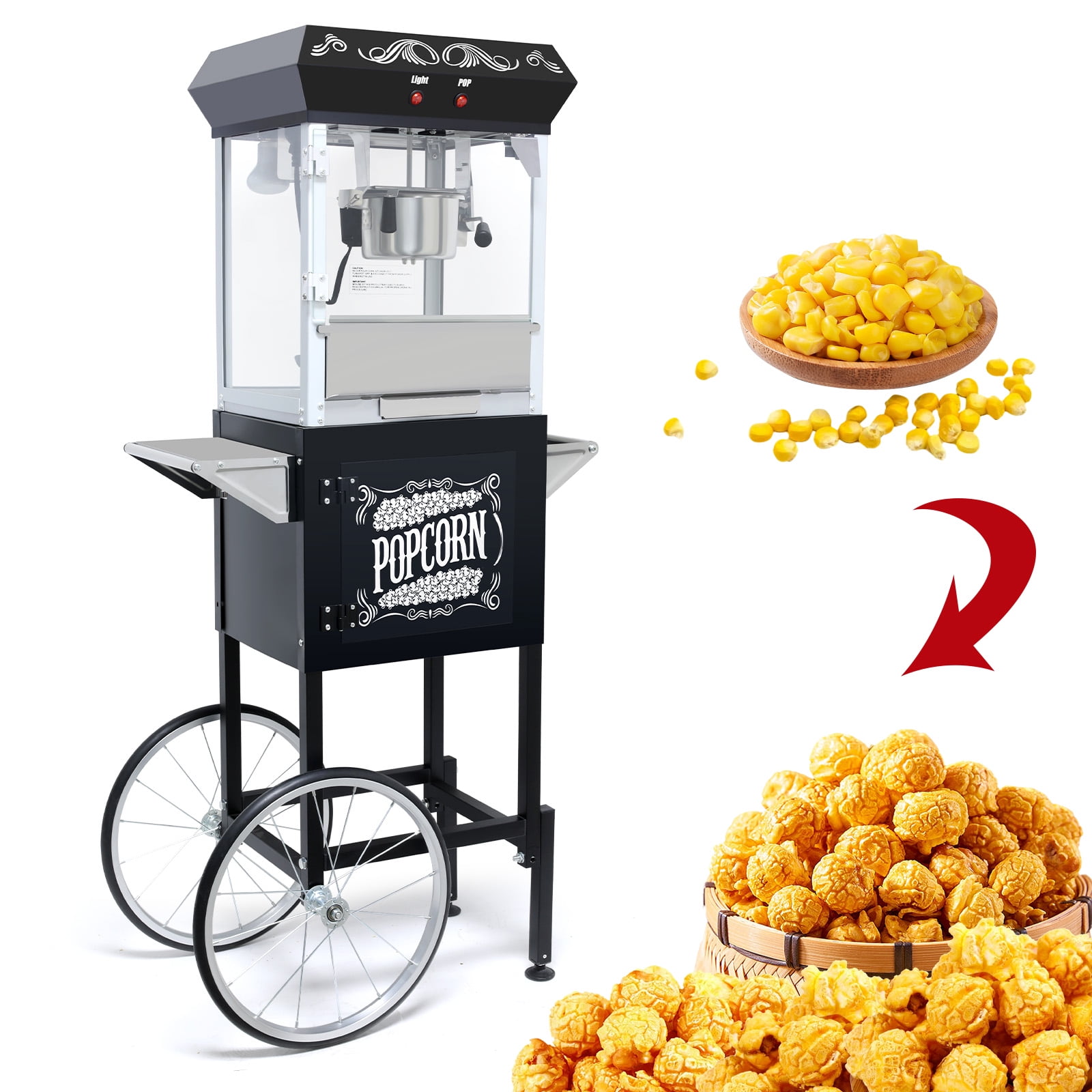 Funnil Popcorn Maker Machine with Cart and 8 Oz Stainless Steel Kettle ...