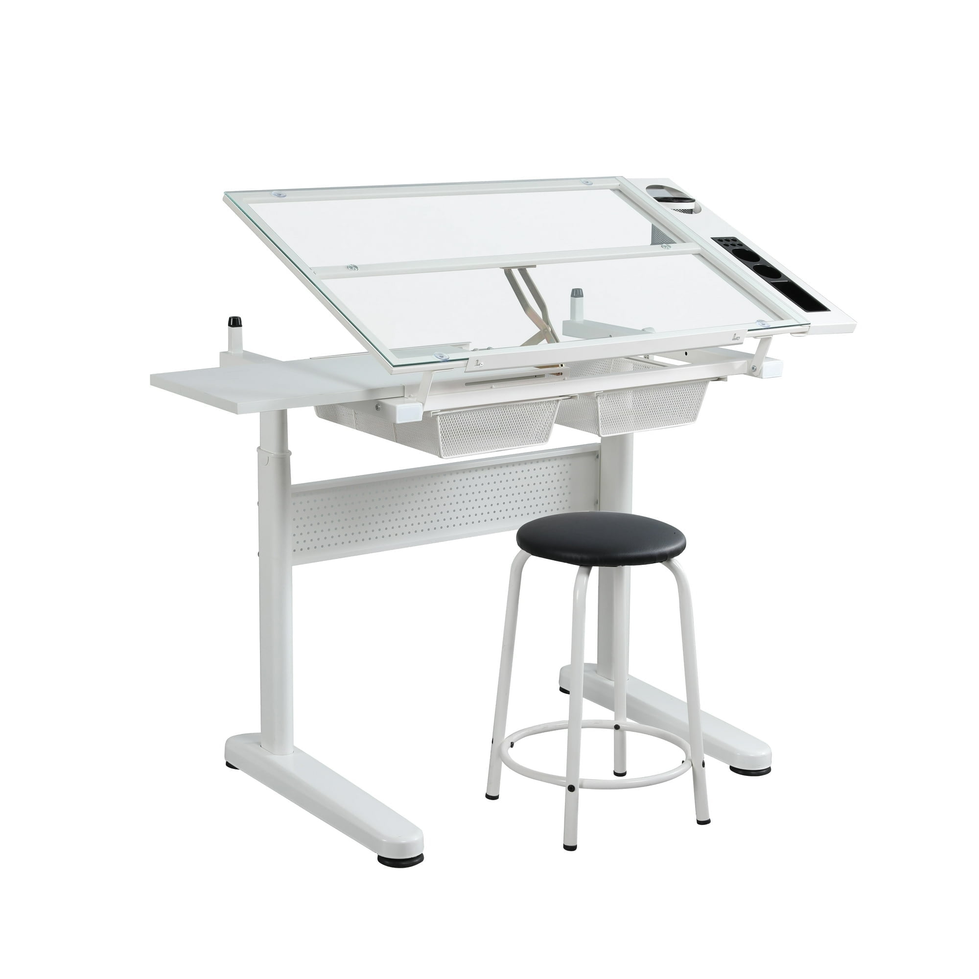 Funnil Adjustable Glass Drafting Table with Stool, Home Office - White ...