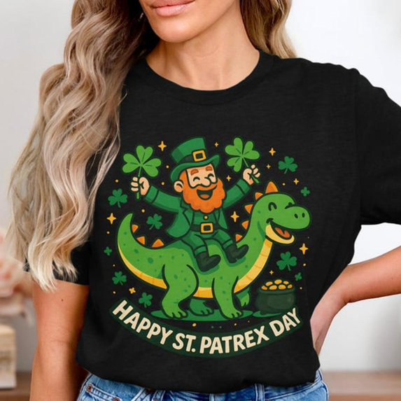 Funnt Patrick's Day Dinosaur S1Hirt, Leprechaun Clover T-Rex Graphic ...