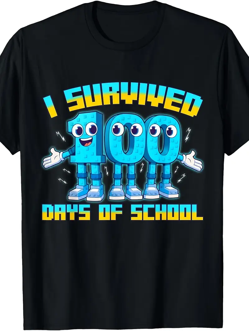 Funny 100 Days School Survived Graphic Unisex Short Sleeve Casual T ...