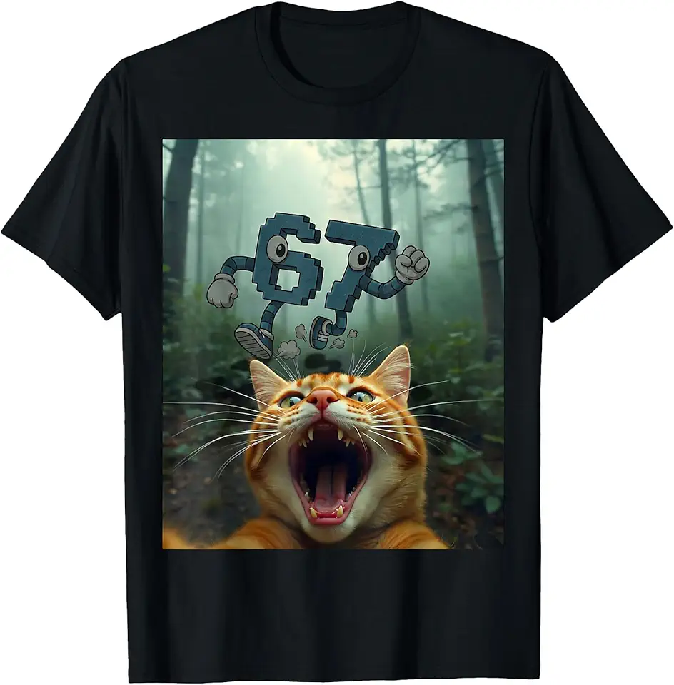 Funny 67 Cat Selfie 6 7 Brainrot Teen Boys Meme Hands Kids T-Shirt ...