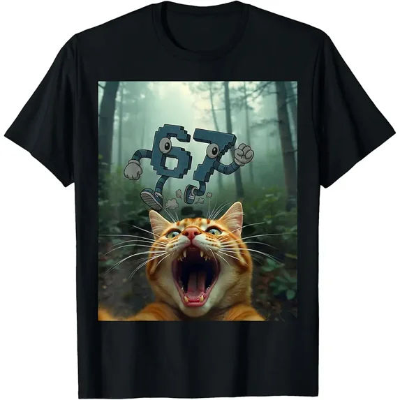 Funny 67 Cat Selfie 6 7 Brainrot Teen Boys Meme Hands Kids T-Shirt ...