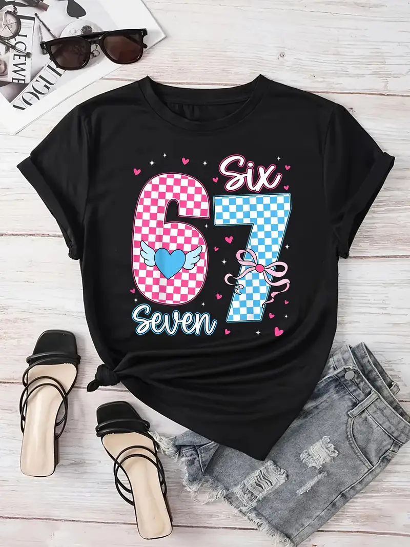 Funny 67 Meme Six Seven 6 7 Valentines Hearts Bow Novelty T-Shirt ...