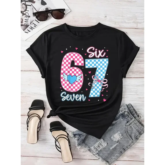 Funny 67 Meme Six Seven 6 7 Valentines Hearts Bow Novelty T-Shirt ...