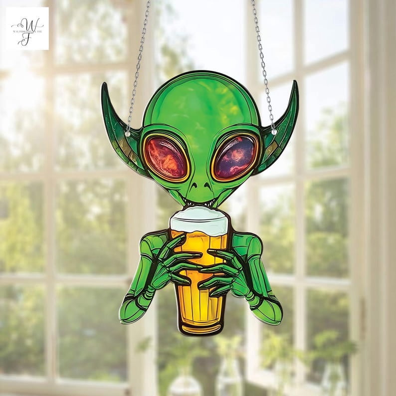 Funny Alien Drinking Beer Acrylic Window Hanging, Quirky Space Decor ...