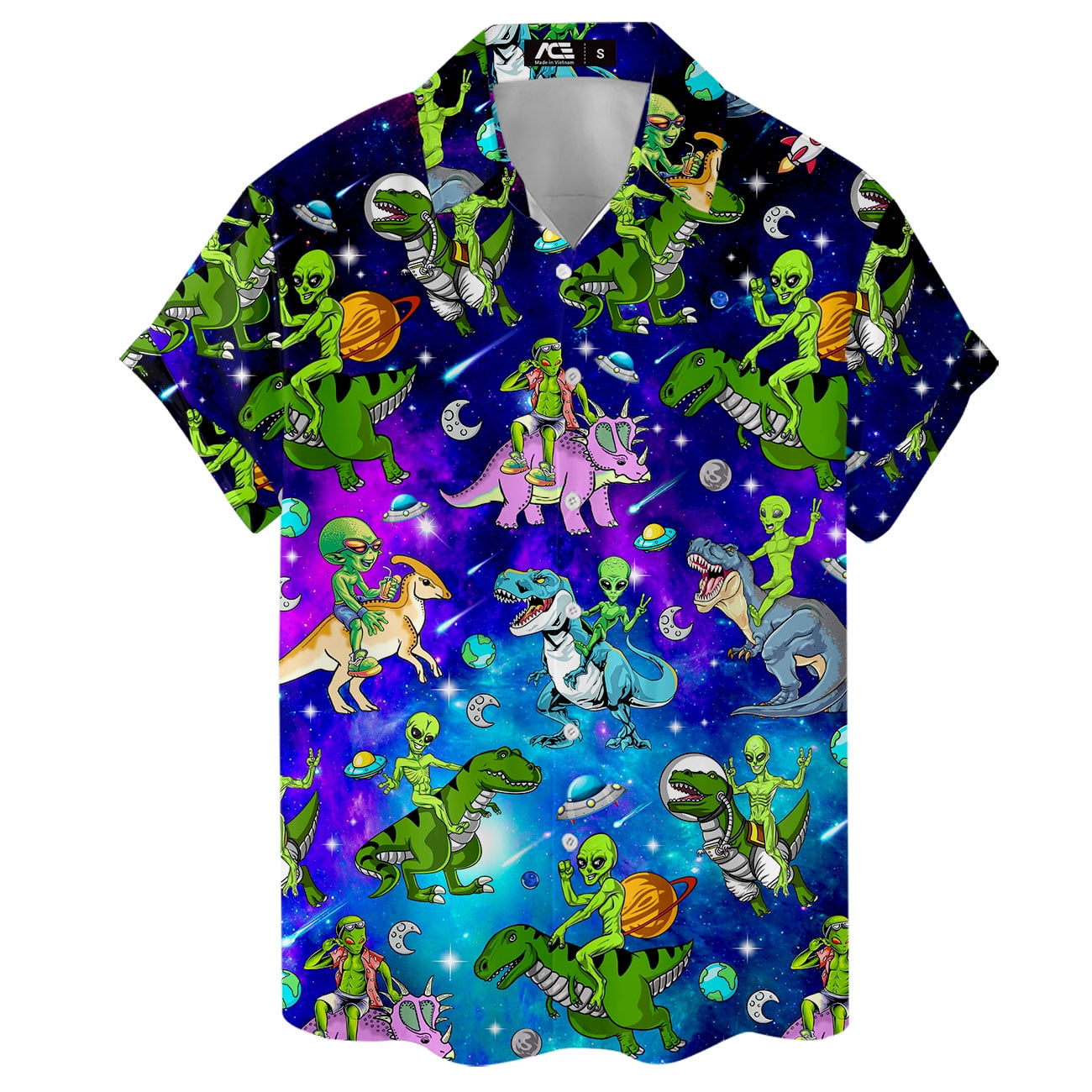 Funny Alien Riding Dinosaur Hawaiian Shirt For Men Galaxy Space Planet ...