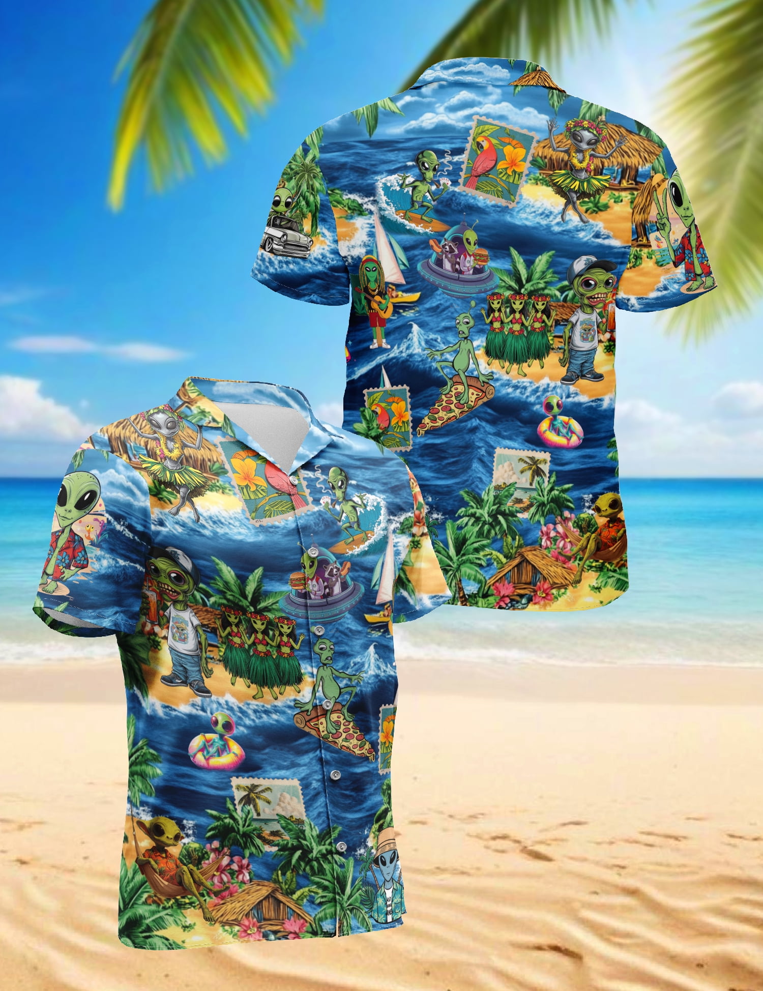 Funny Alien Surfing Hawaiian Shirt for Men, Button Down Summer Beach ...