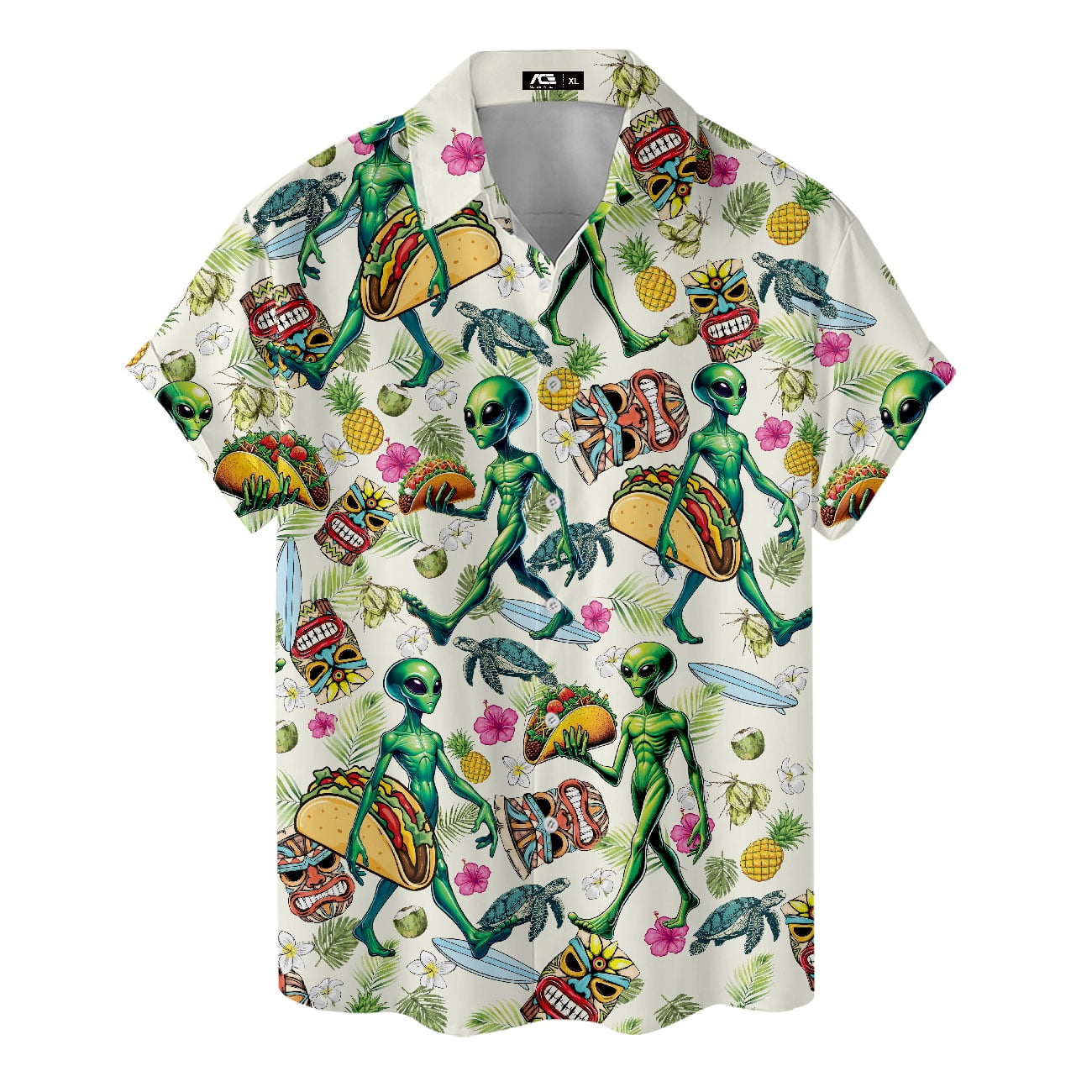 Funny Alien Tiki Hawaiian Shirt For Men Casual Alien Taco Mens Hawaiian ...