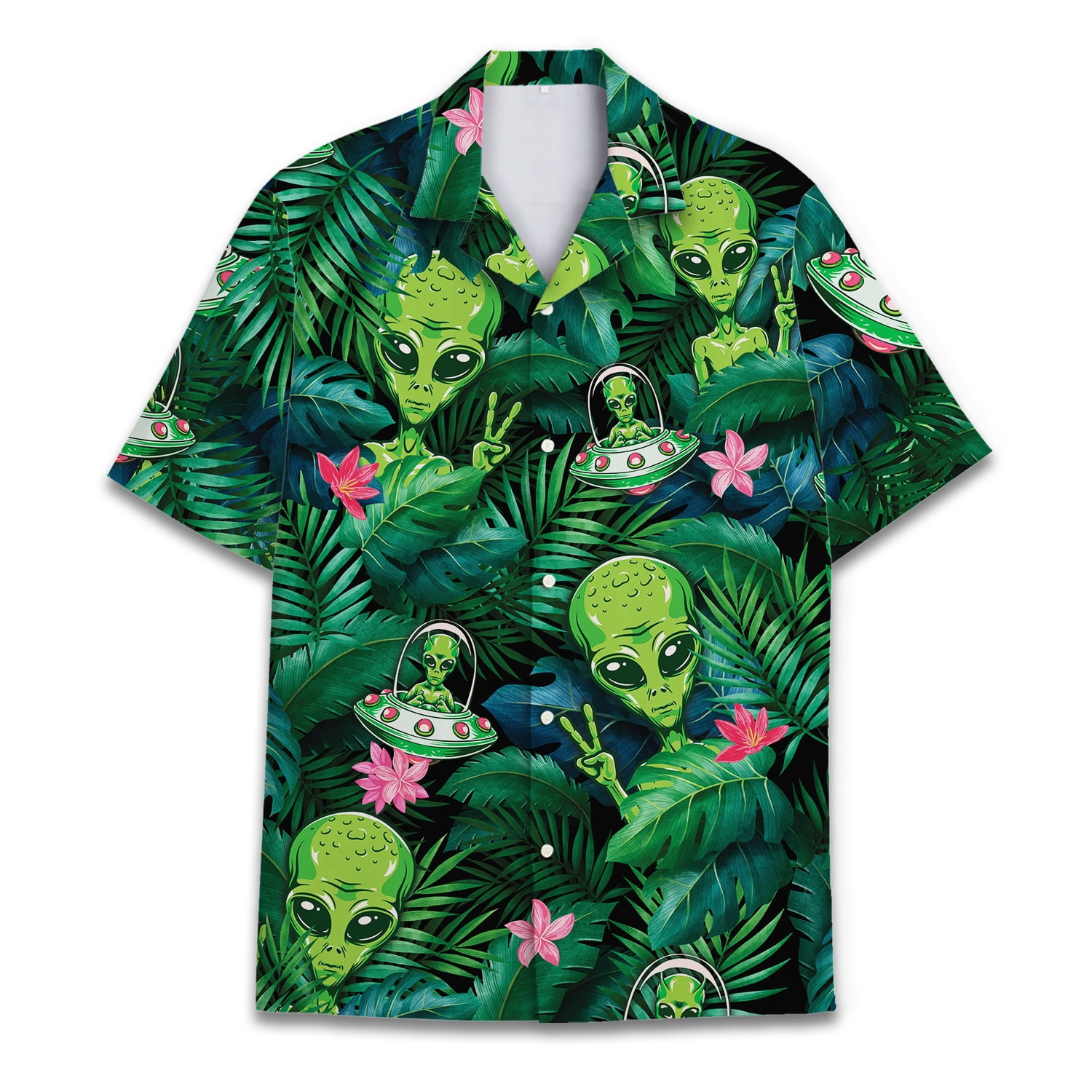 Funny Alien UFO Tropical Hawaiian Shirt For Men Short Sleeve Button ...