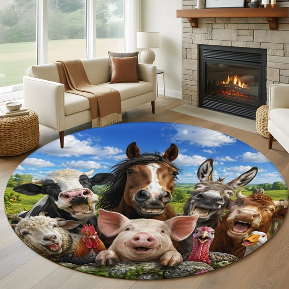 Funny Animal 8FT Round Area Rugs for Living Room Pig Donkey Horse Sheep ...