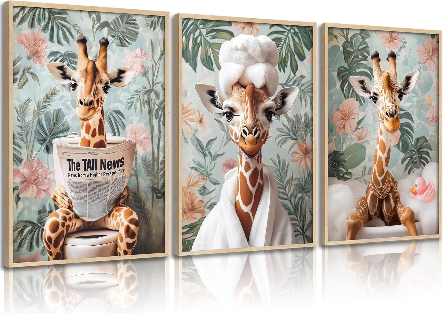 Funny Animal Bathroom Canvas Wall Art Giraffe Reading Newspaper on ...
