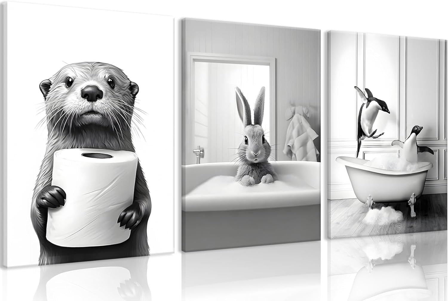 Funny Animal Bathroom Wall Art Set of 3, Cute Funky Dog and Duck Canvas ...