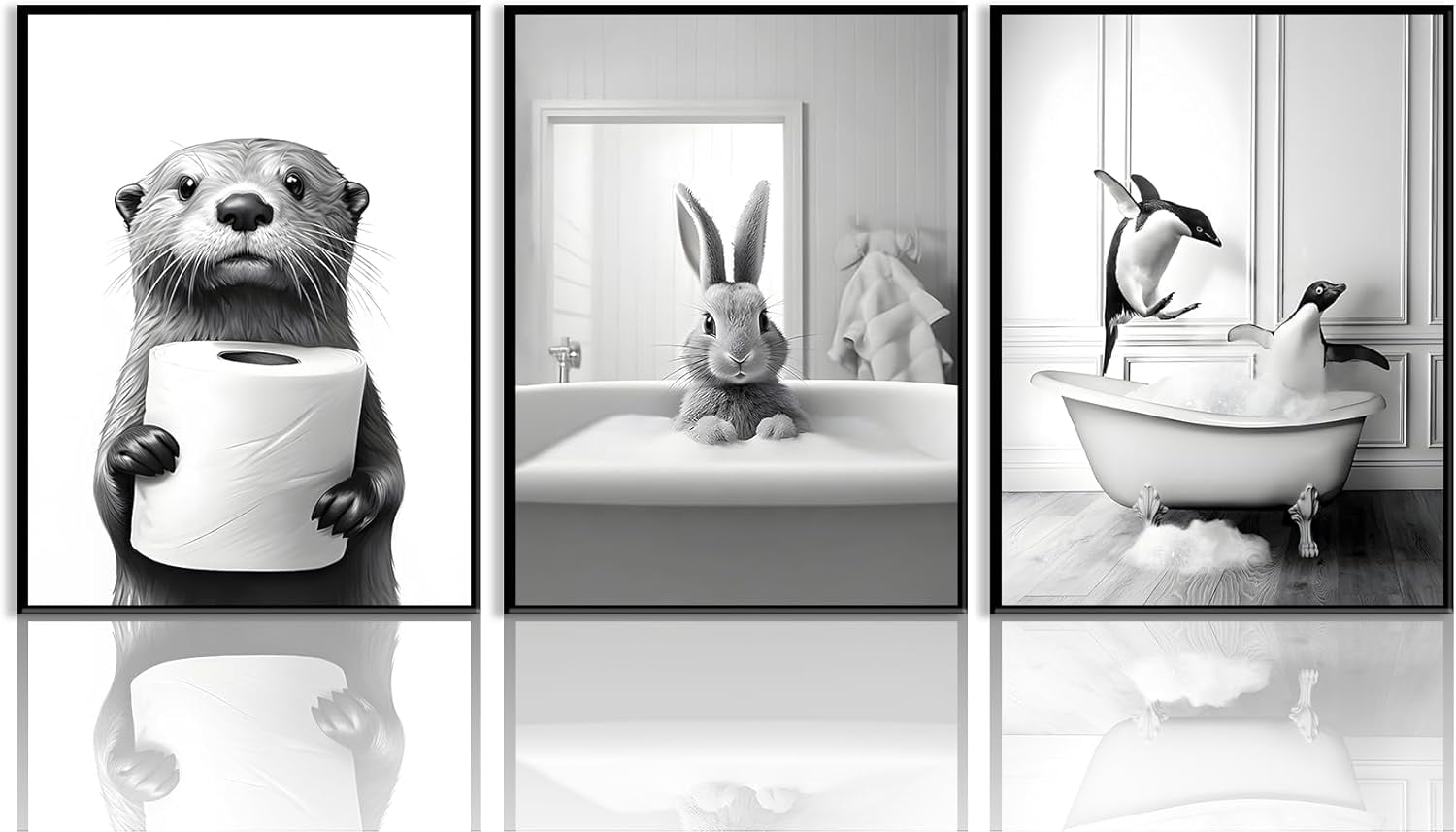 Funny Animal Bathroom Wall Art Set of 3, Cute Funky Dog and Duck Canvas ...