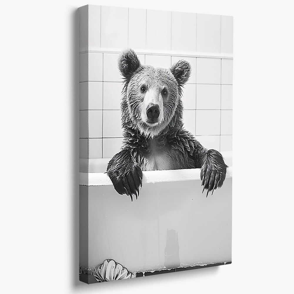 Funny Animal Bear Bathroom Decor Bear Wall Art in Bathtub Print Black ...
