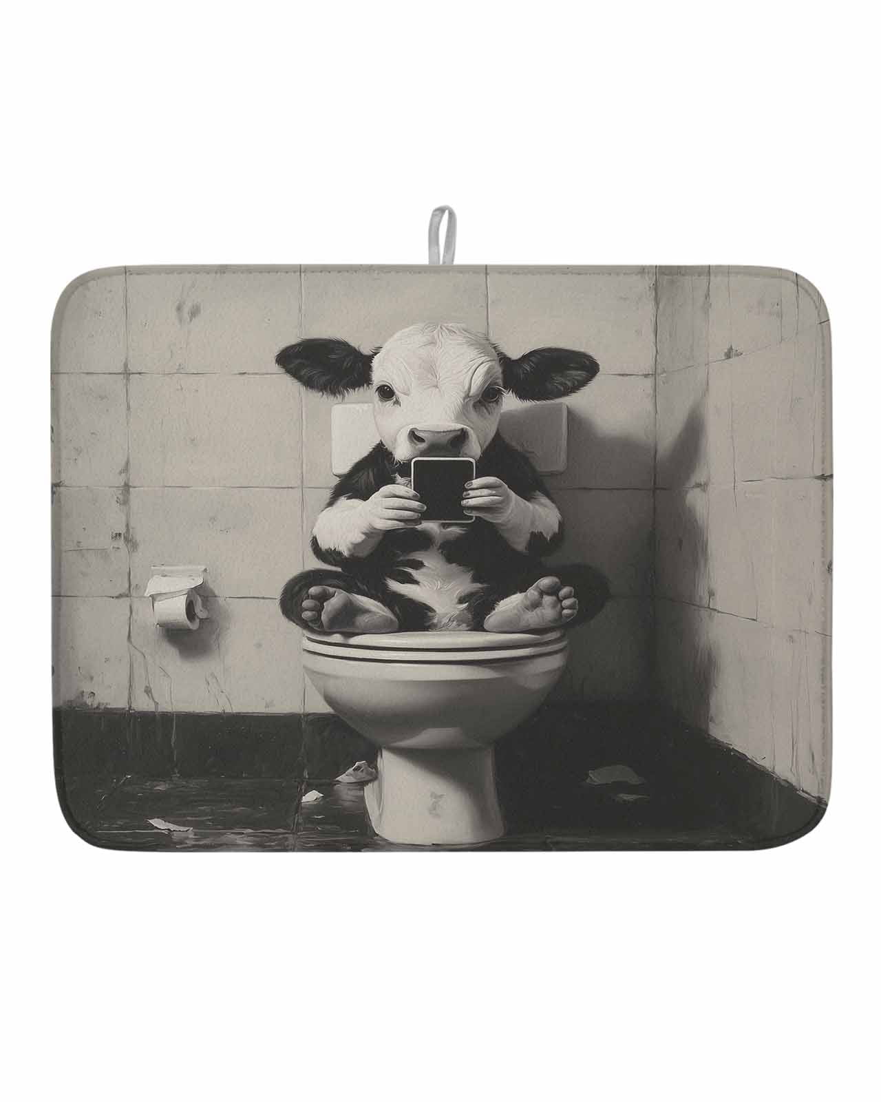 Funny Animal Dish Drying Mat 18x24 inch Dairy Cow Sitting on Toilet ...