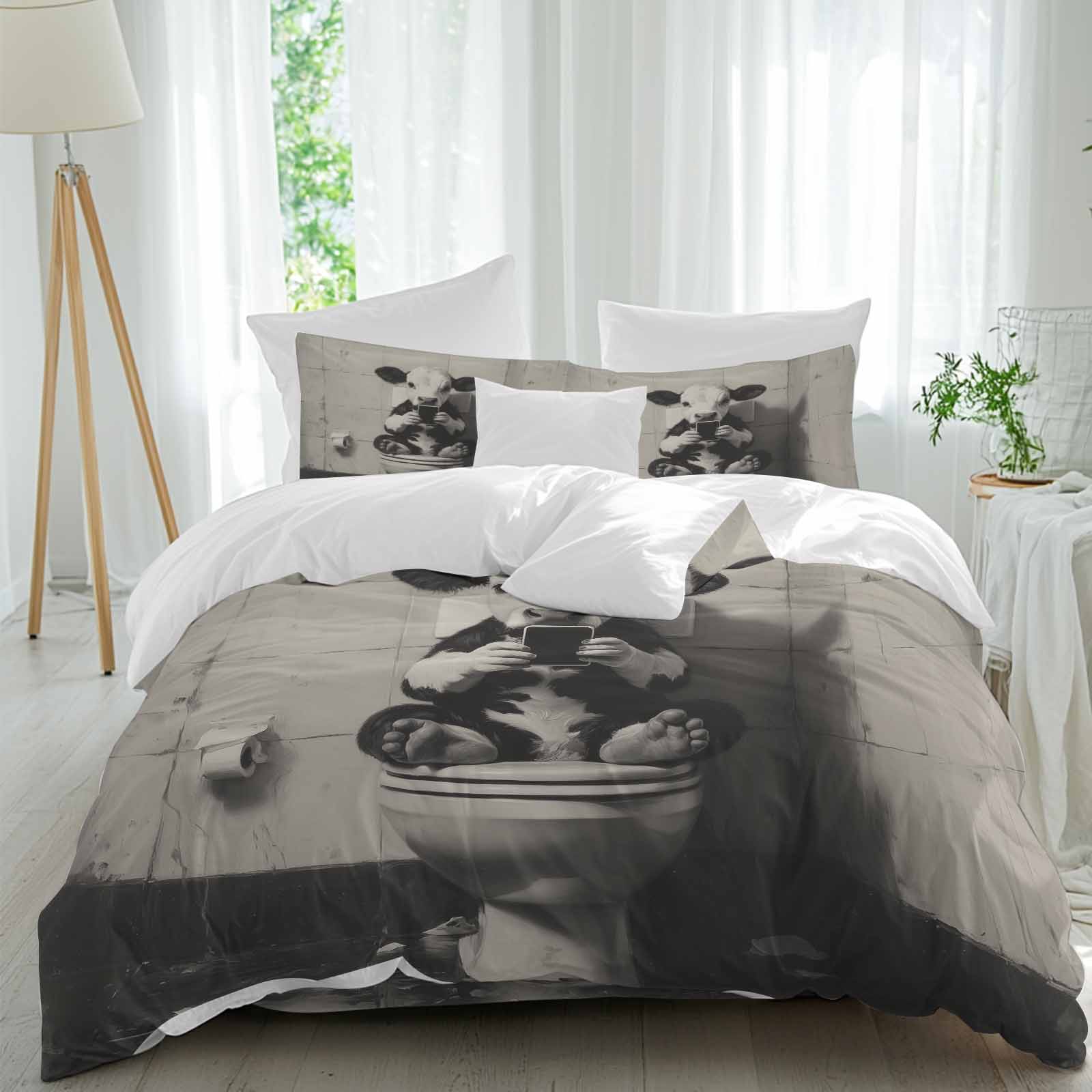 Funny Animal Duvet Cover Set Full Size Dairy Cow Sitting on Toilet ...