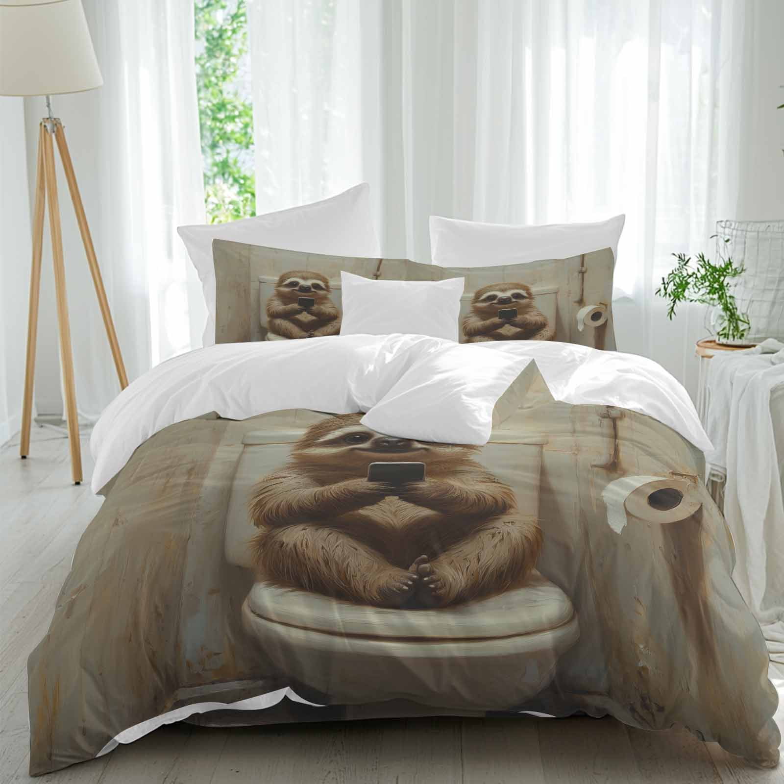 Funny Animal Duvet Cover Set Full Size Sloth Sitting on Toilet Sloth ...