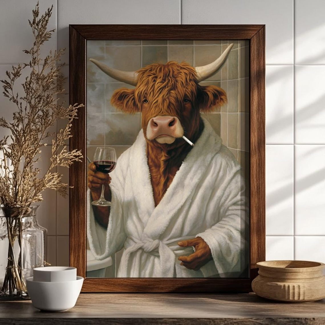Funny Animal Poster, Funny Scottish Highland Cow In Bathrobe With Wine, Cow Decor, Funny ...