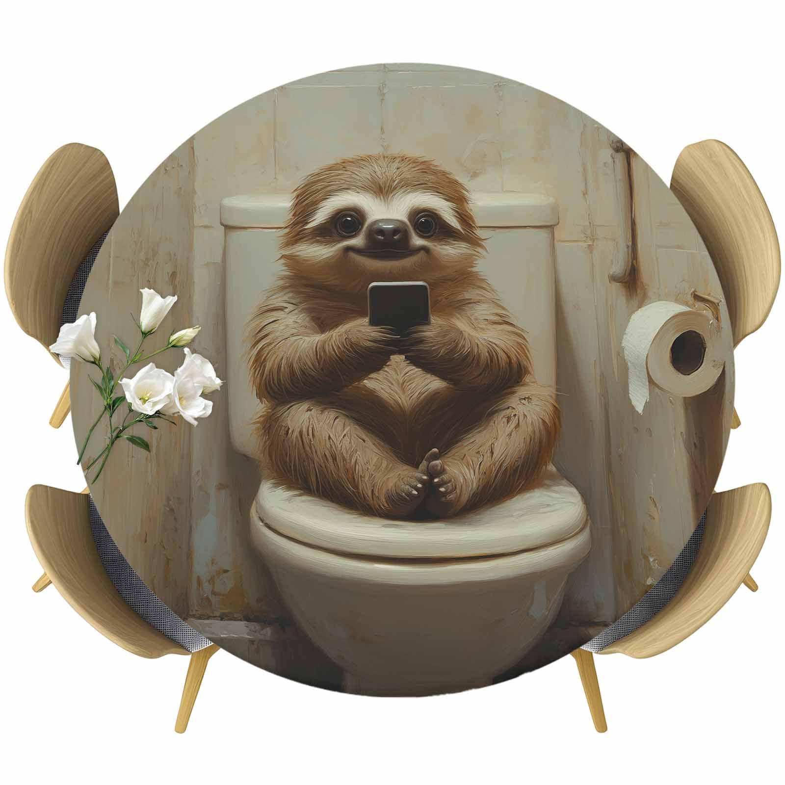 Funny Animal Round Fitted Table Cover Sloth Sitting on Toilet Sloth ...