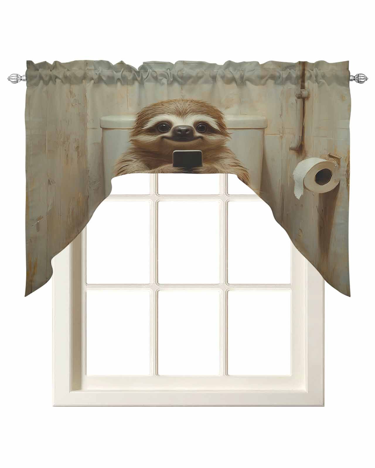 Funny Animal Swag Valance and Tier Curtains Set Sloth Sitting on Toilet ...