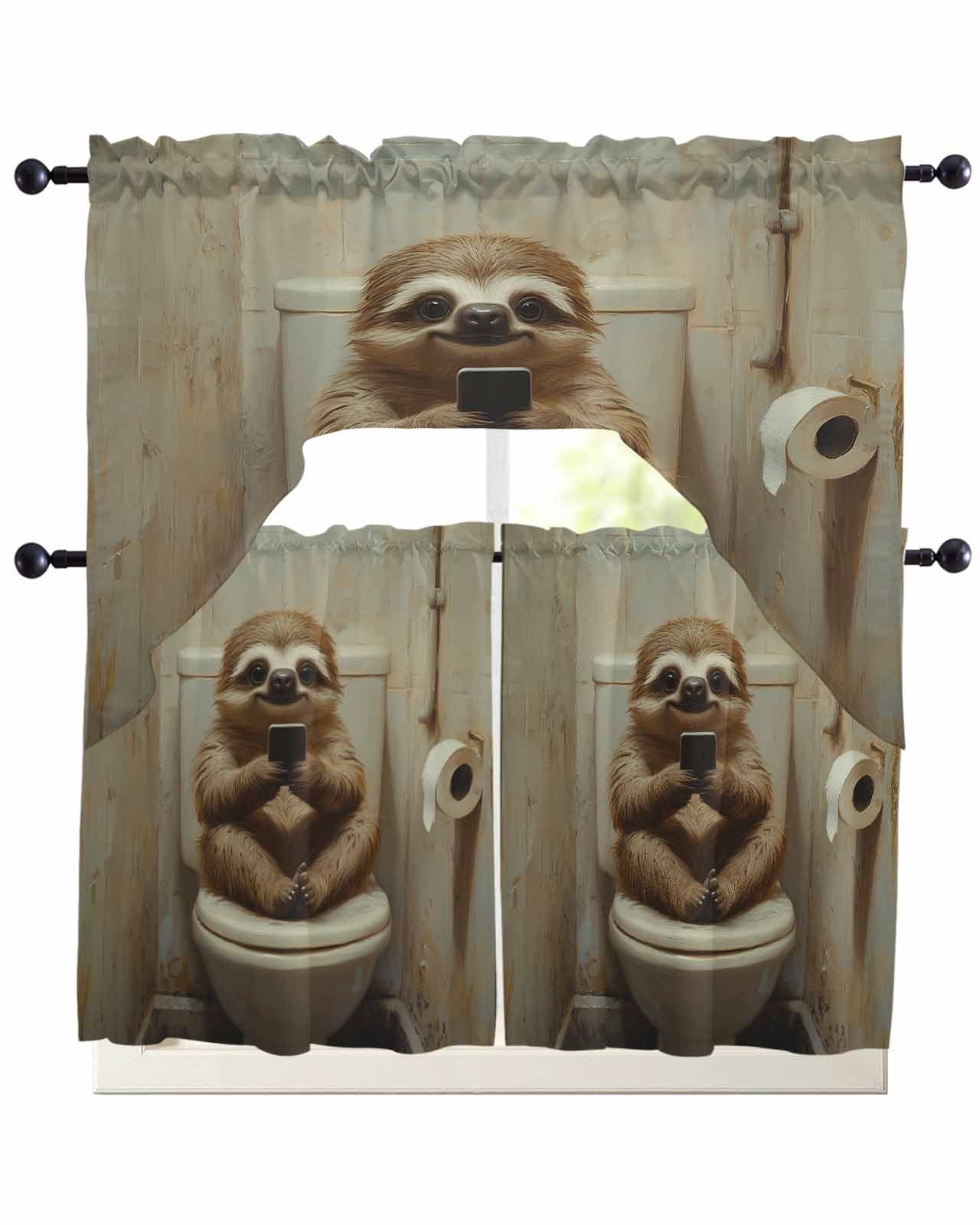 Funny Animal Swag Valance and Tier Curtains Set Sloth Sitting on Toilet ...