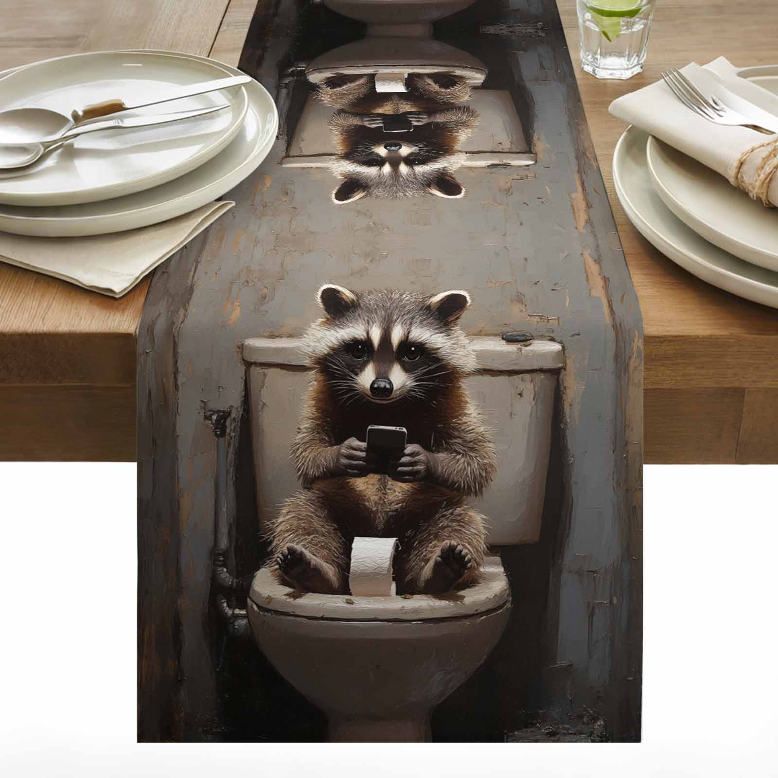 Funny Animal Table Runner 13x36 inch Raccoon Sitting on Toilet Cotton ...