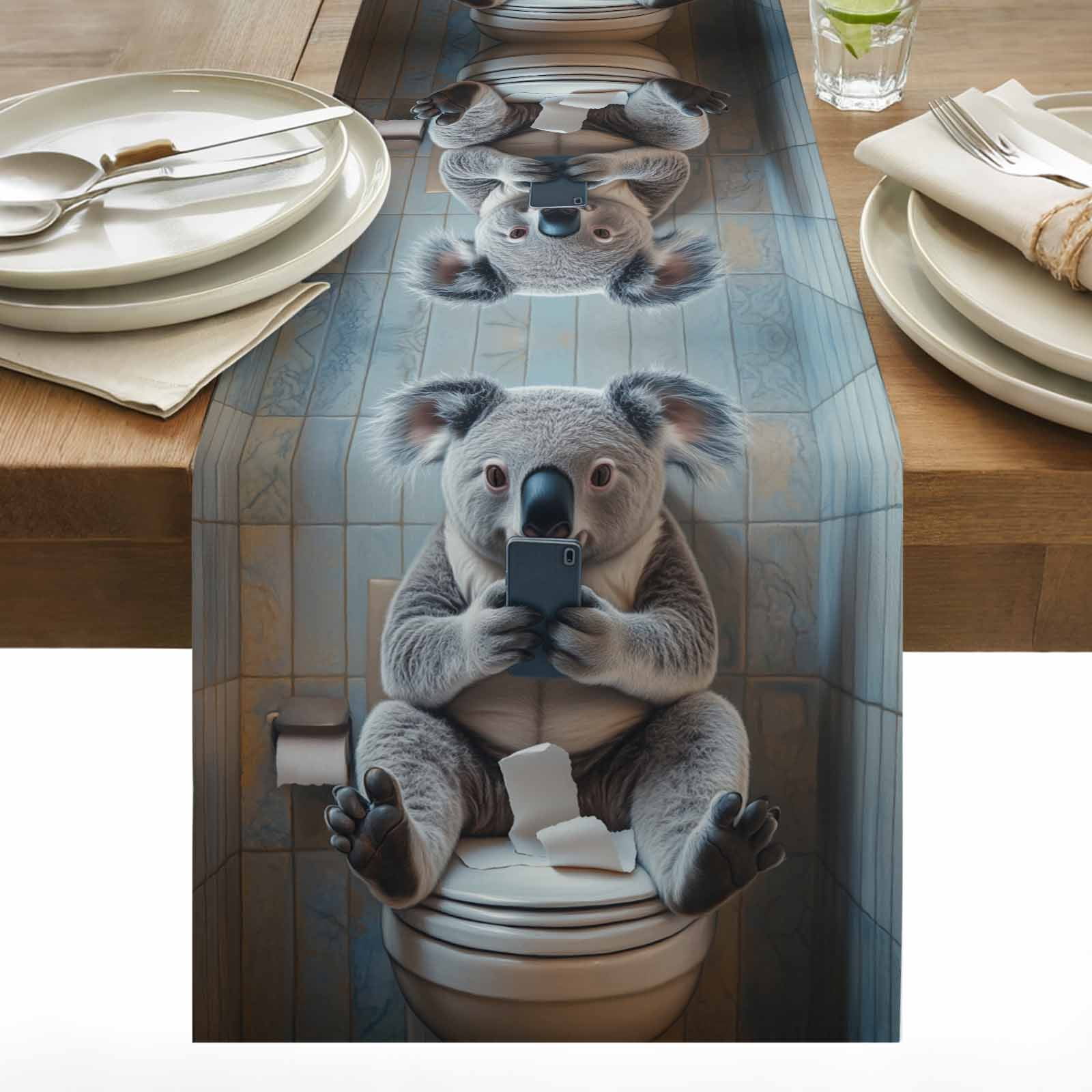 Funny Animal Table Runner 13x48 inch Koala Sitting on Toilet Cotton ...