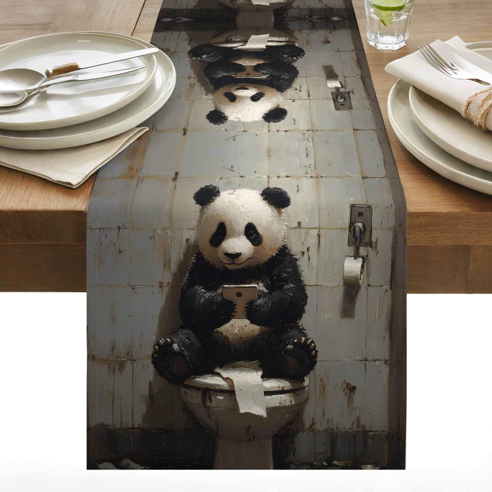 Funny Animal Table Runner 13x48 inch Panda Sitting on Toilet Cotton ...