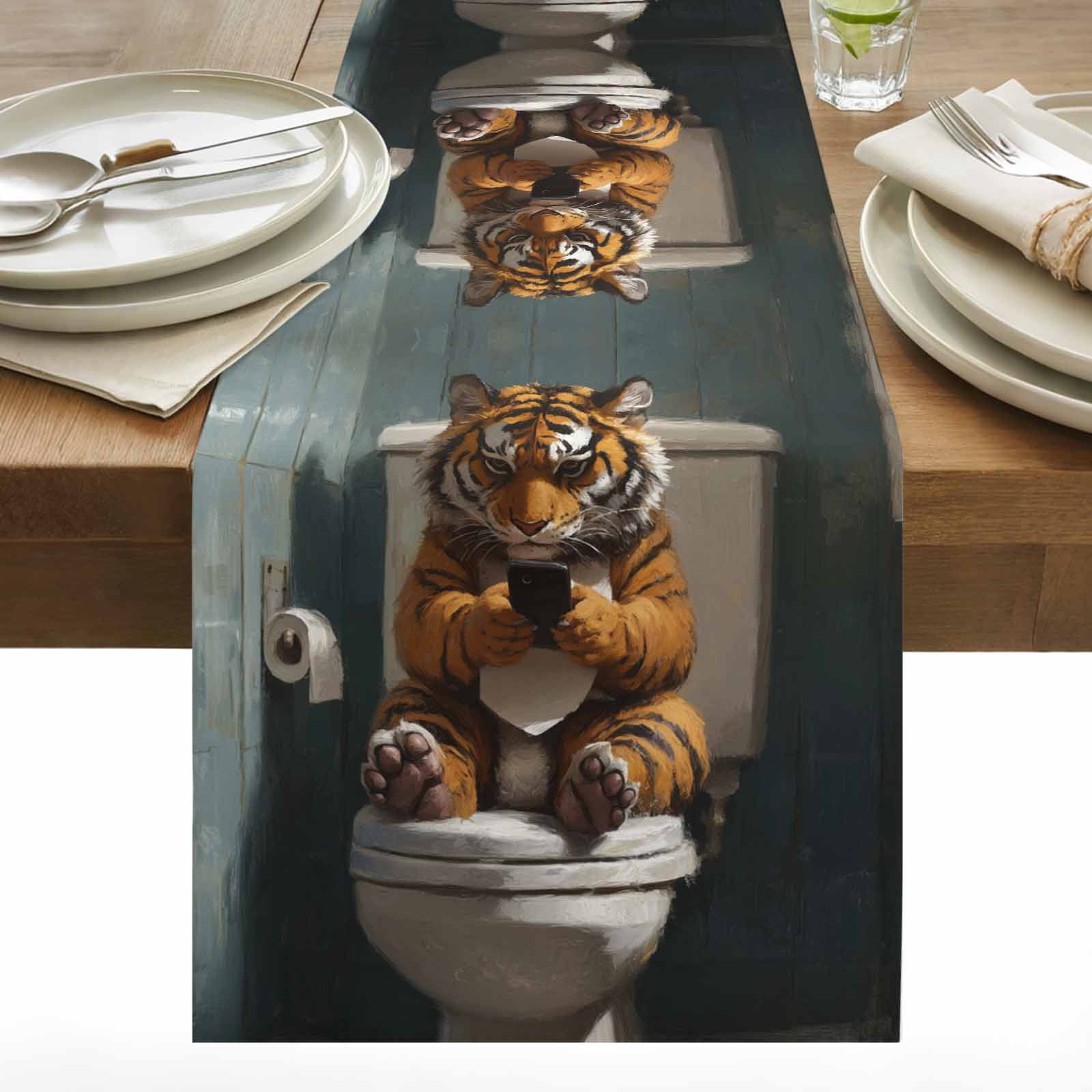 Funny Animal Table Runner 13x48 inch Tiger Sitting on Toilet Cotton ...