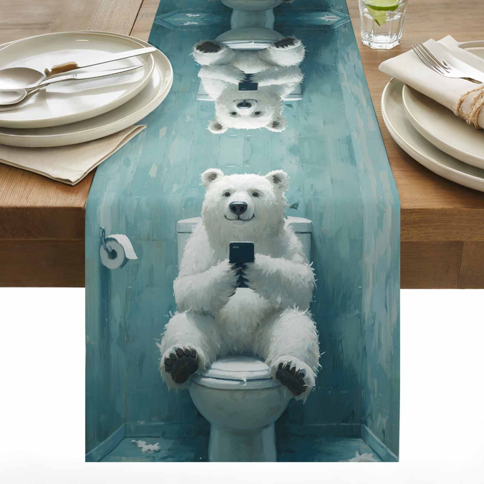Funny Animal Table Runner 13x72 inch Polar Bear Sitting on Toilet ...