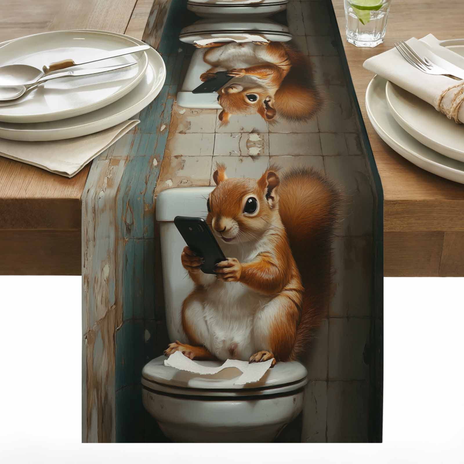 Funny Animal Table Runner 13x90 inch Squirrel Sitting on Toilet Cotton ...