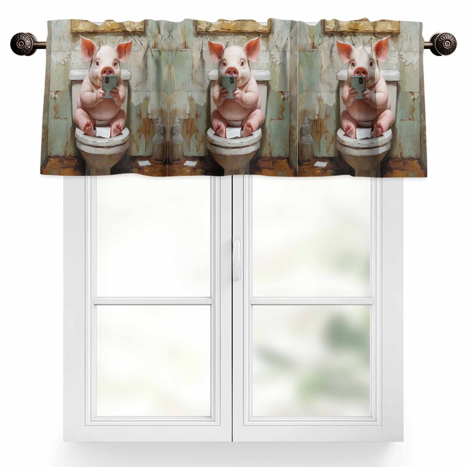 Funny Animal Valances for Windows, 60 x 18in, Pig Sitting on Toilet Pig ...
