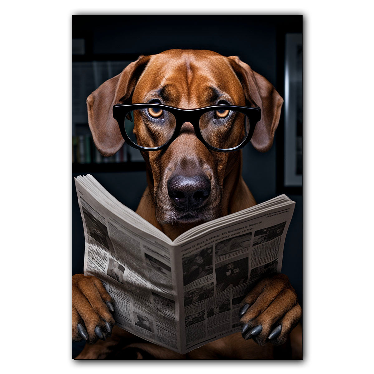 Funny Animals Canvas Wall Art, Rhodesian Ridgeback Dog Read Newspaper ...