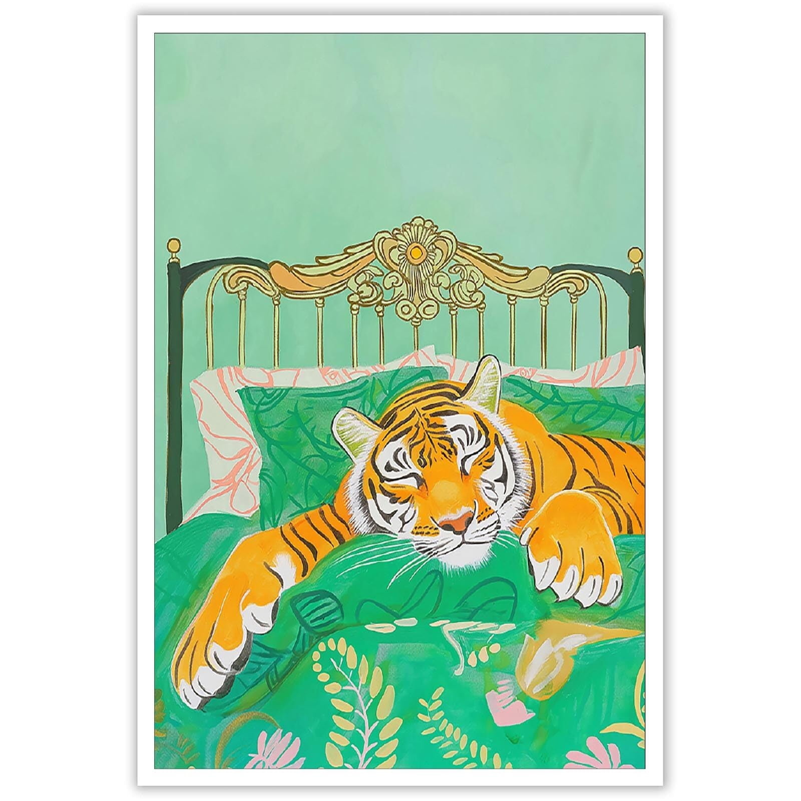 Funny Animals Canvas Wall Art Vintage Tiger Sleeping On The Bed Poster ...