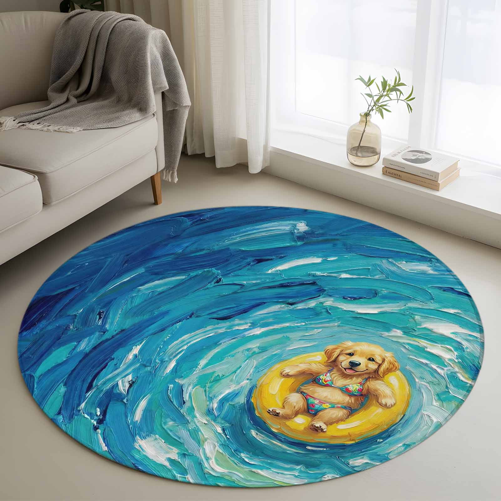 Funny Art 4FT Round Area Rugs Summer Cute Dog Swimming Blue Sea View ...