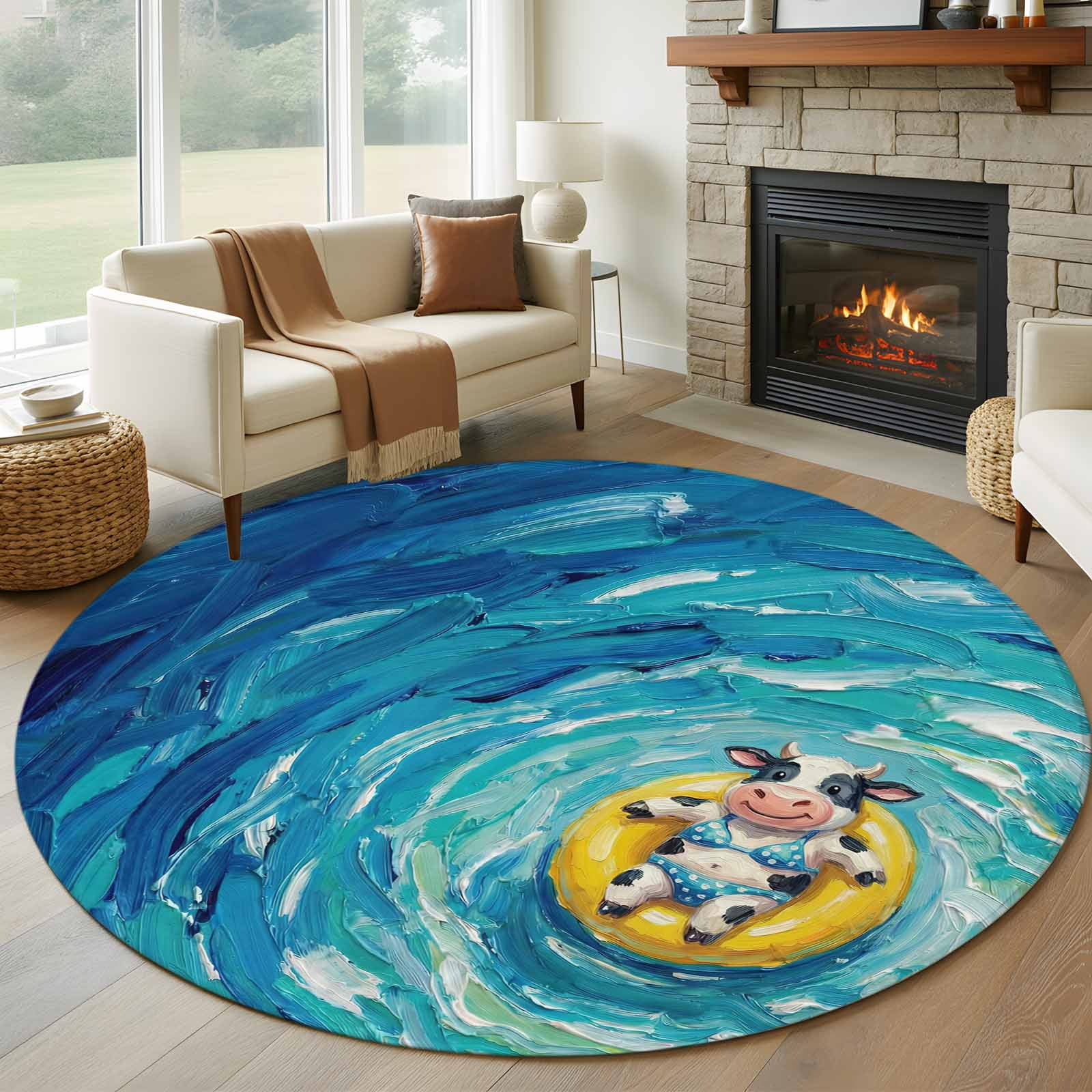 Funny Art Round Living Room Rugs 8 ft, Summer Cow Swimming Blue Sea ...