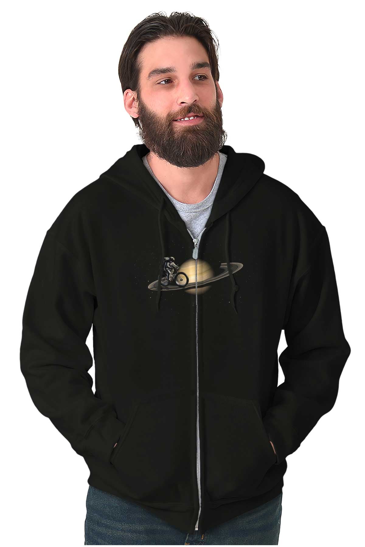 Funny Astronaut Saturn Bike Ride Zip Up Hoodie Men's Women's Brisco ...