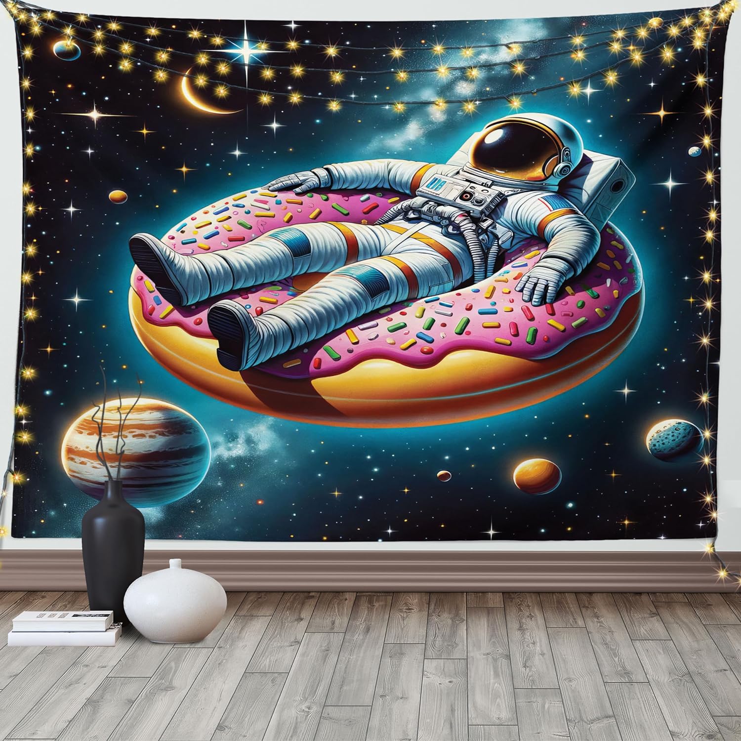 Funny Astronaut Tapestry, Spaceman Floating on a Donut Through the ...