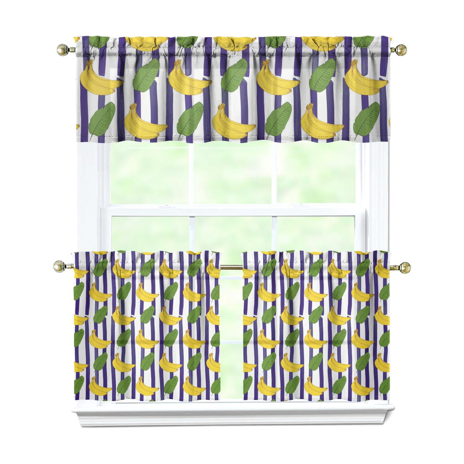 Funny Banana Pattern Kitchen Curtains Set of 3 - Sweet Tropical Fruit ...