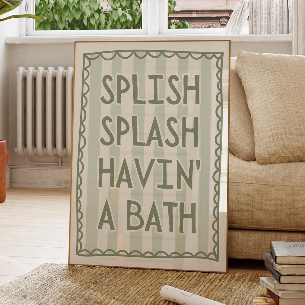 Funny Bath Print Splish Splash Havin A Bath Playful Sage Green Striped ...