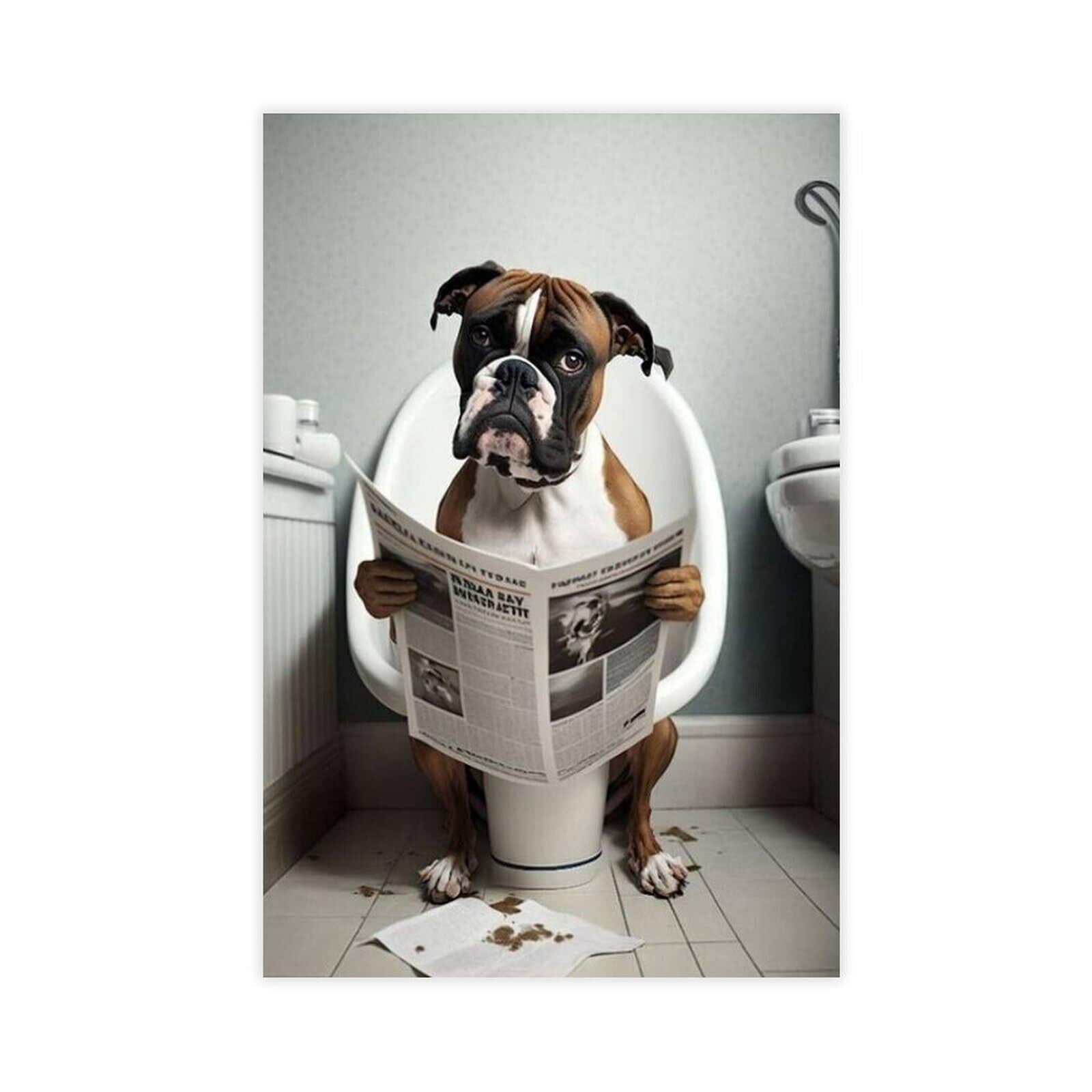 Funny Bathroom Boxer Dog on Toilet Art Poster Canvas Poster Bedroom ...