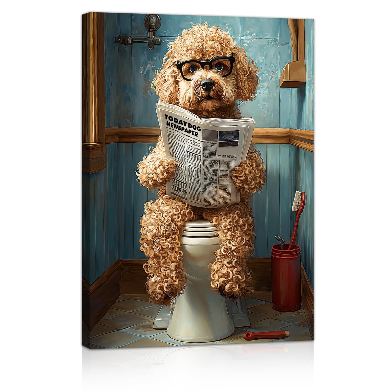 Funny Bathroom Canvas Wall Art Brown Poodle On Toilet Reading Newspaper ...